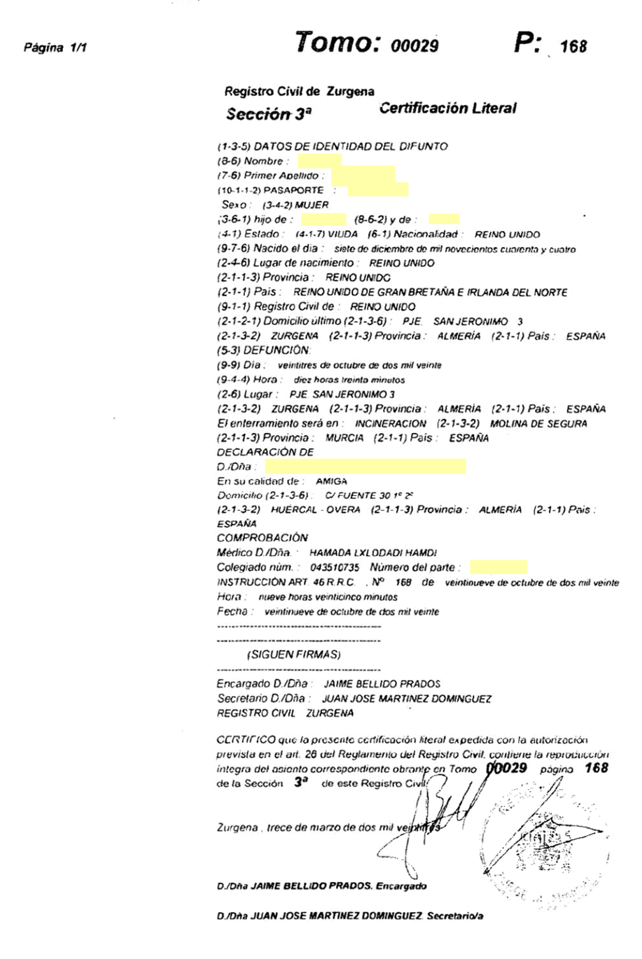 Spanish death certificate - Allegro Legal Translations